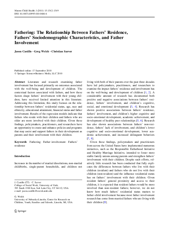 (PDF) Fathering: The Relationship Between Fathers’ Residence, Fathers ...