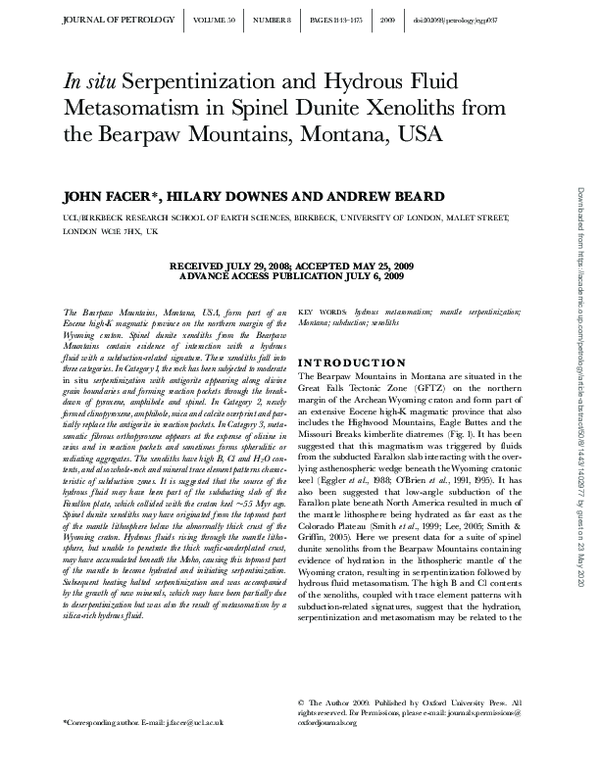 (PDF) In situ Serpentinization and Hydrous Fluid Metasomatism in Spinel ...