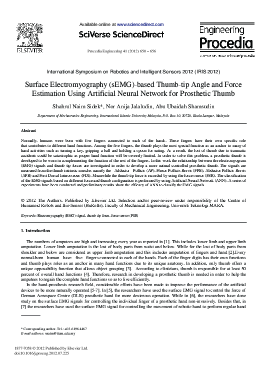 (PDF) Surface Electromyography (sEMG)-based Thumb-tip Angle and Force Estimation Using ...