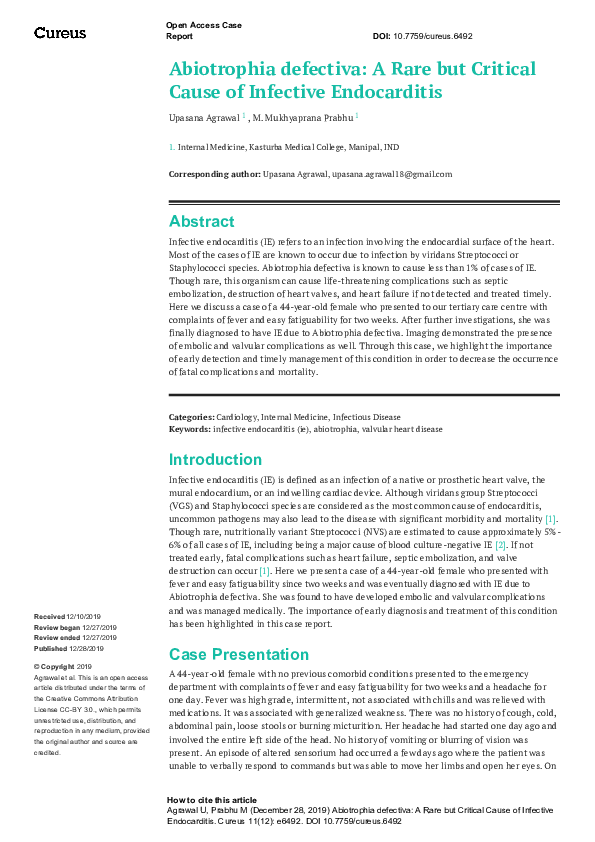 (PDF) Abiotrophia defectiva: A Rare but Critical Cause of Infective ...