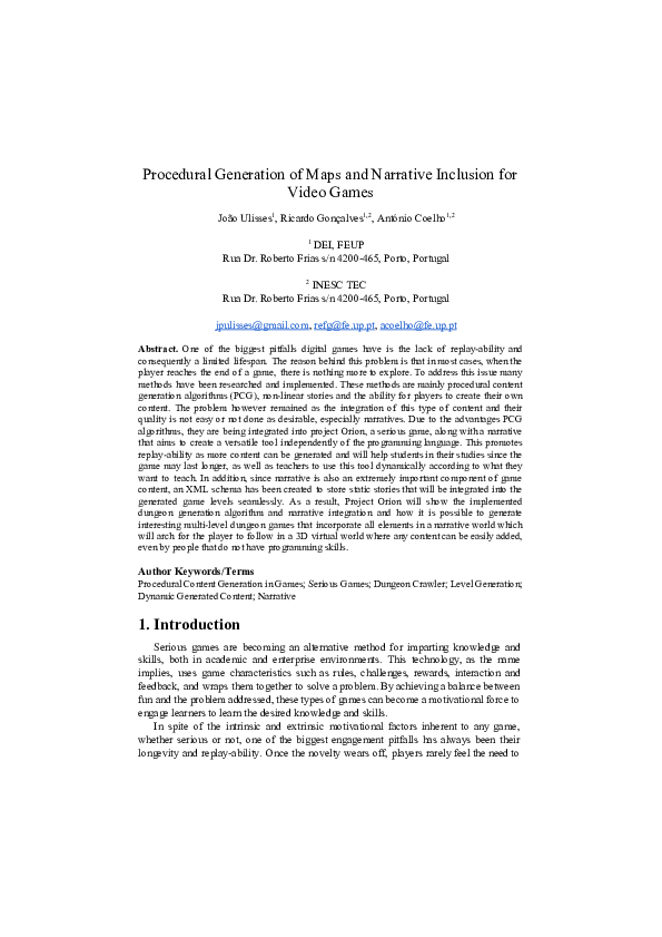 (PDF) Procedural Generation of Maps and Narrative Inclusion for Video Games
