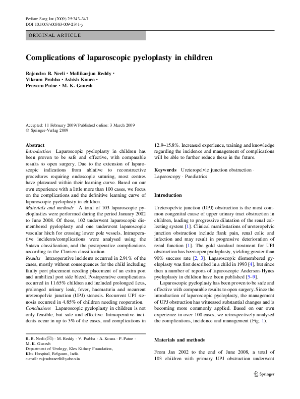 (PDF) Complications of laparoscopic pyeloplasty in children