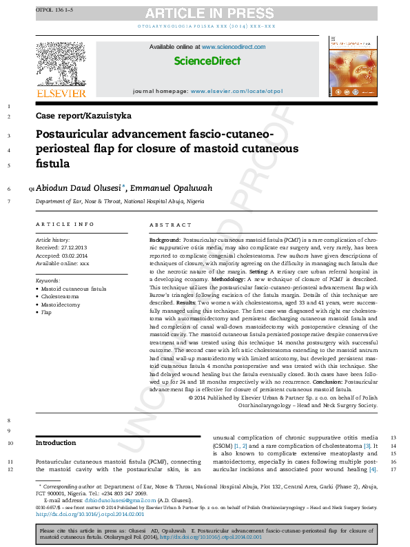 (PDF) Postauricular advancement fascio-cutaneo-periosteal flap for ...