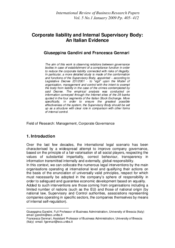 (PDF) Corporate liability and Internal Supervisory Body: An Italian ...