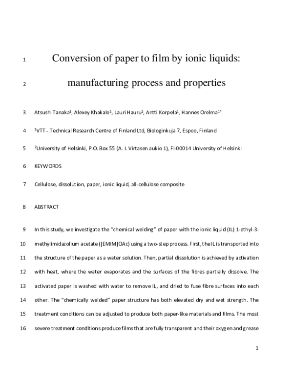 (PDF) Conversion of paper to film by ionic liquids: manufacturing ...