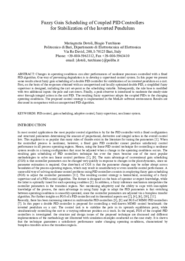 (PDF) Fuzzy gain scheduling of coupled pid controllers for stabilization of the inverted pendulum