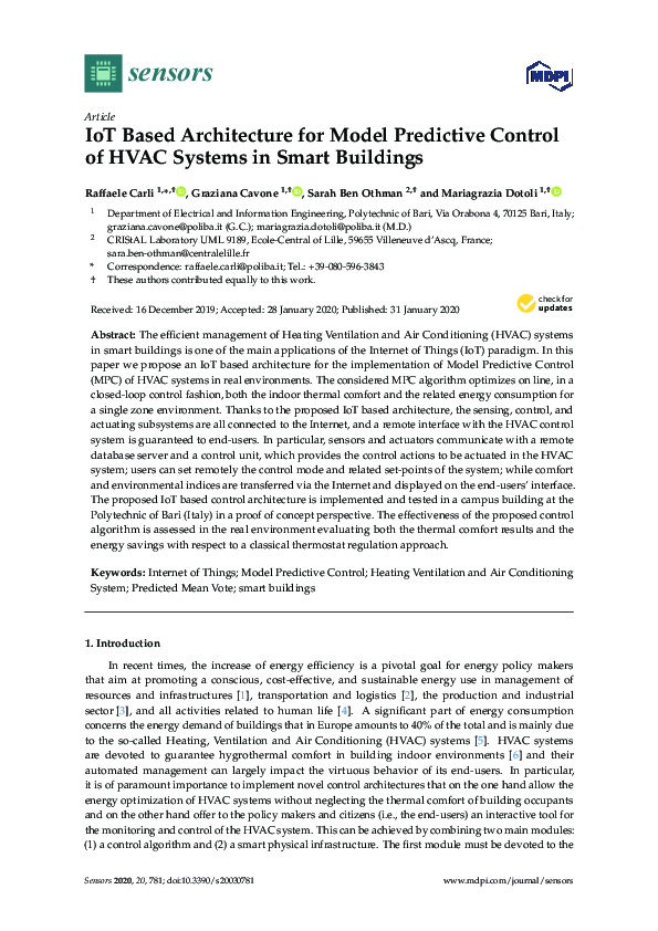 Pdf Iot Based Architecture For Model Predictive Control Of Hvac