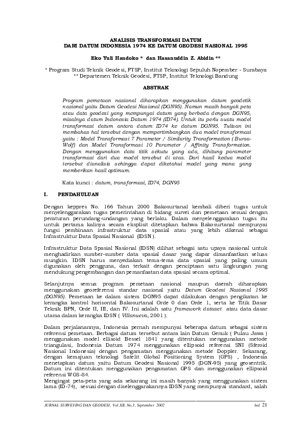 (PDF) Analisis Transformasi Datum Dari Datum Indonesia 1974 Ke Datum ...