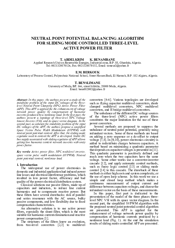 (PDF) Neutral point potential balancing algorithm for sliding mode controlled three-level active ...