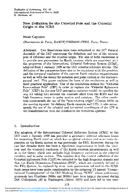 (PDF) New Definition for the Celestial Pole and the Celestial Origin in ...