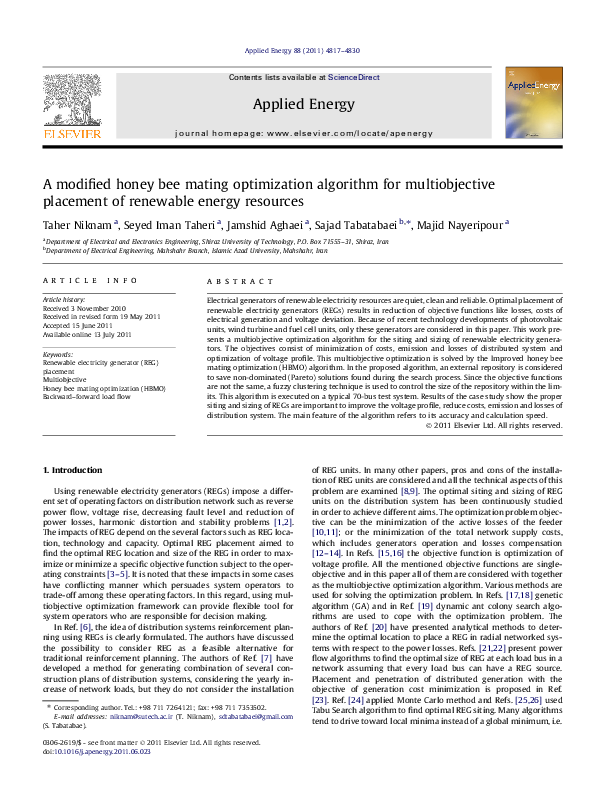 Pdf A Modified Honey Bee Mating Optimization Algorithm For Multiobjective Placement Of 7322