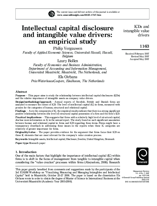 (PDF) Intellectual capital disclosure and intangible value drivers: an empirical study