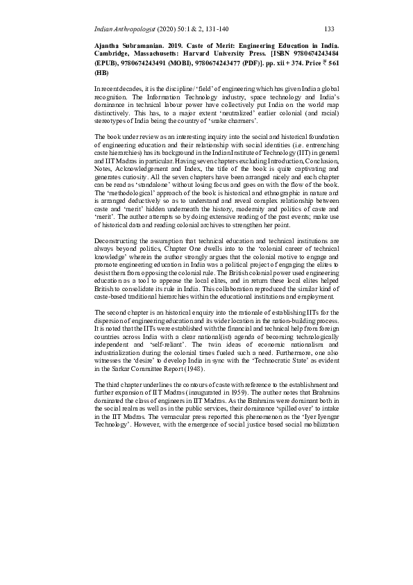 (PDF) Book review--caste of merit: engineering education in india (2019 ...