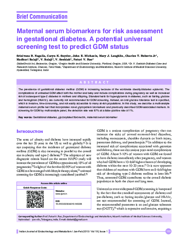 (PDF) Maternal serum biomarkers for risk assessment in gestational ...