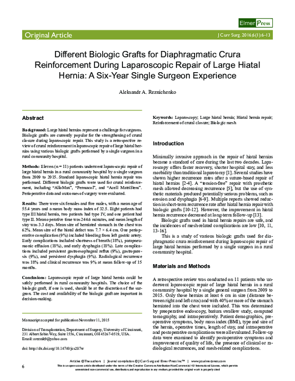 (PDF) Different Biologic Grafts for Diaphragmatic Crura Reinforcement ...