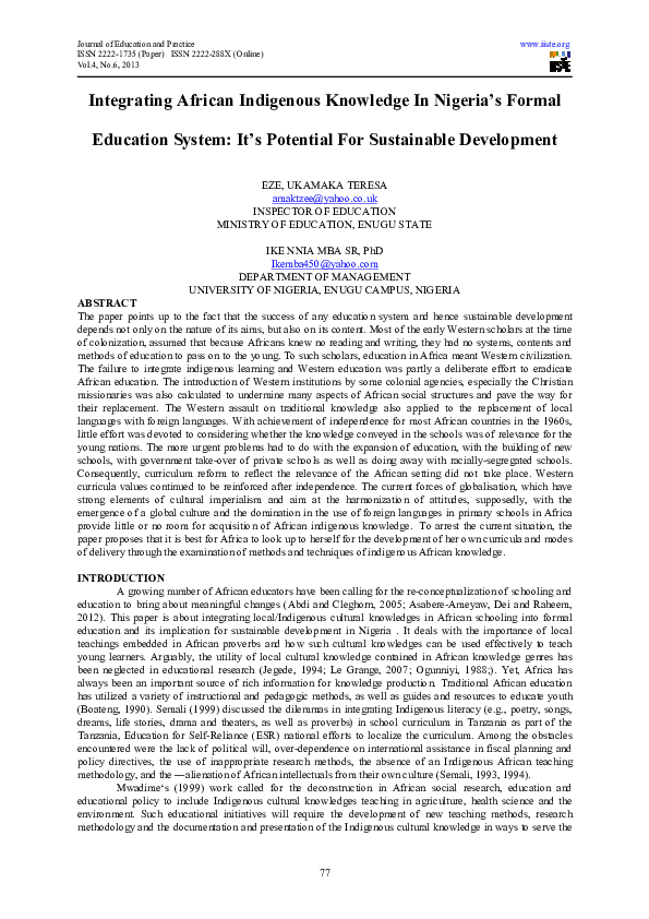 (PDF) Integrating African Indigenous Knowledge In Nigeria’s Formal ...