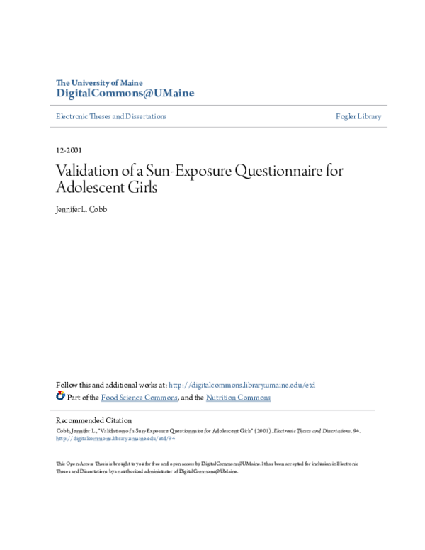 (PDF) Validation of a Sun-Exposure Questionnaire for Adolescent Girls