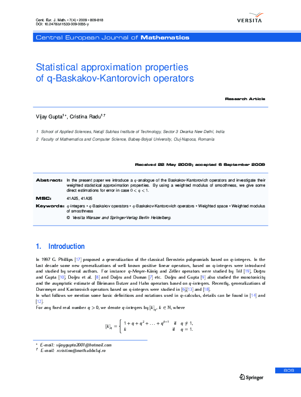 (PDF) Statistical approximation properties of q-Baskakov-Kantorovich operators