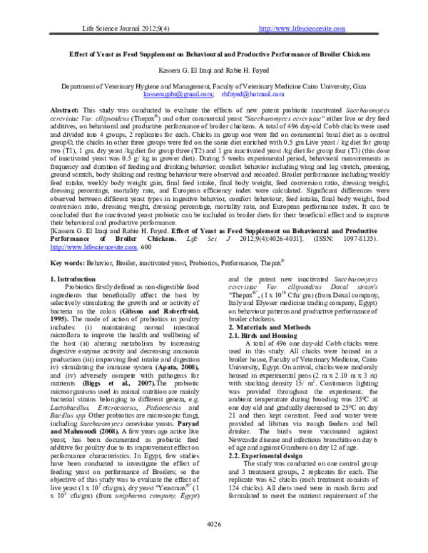 (PDF) Effect of Yeast as Feed Supplement on Behavioural and Productive Performance of Broiler ...