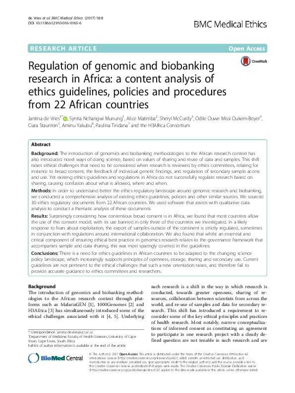 (PDF) Regulation of genomic and biobanking research in Africa: a ...
