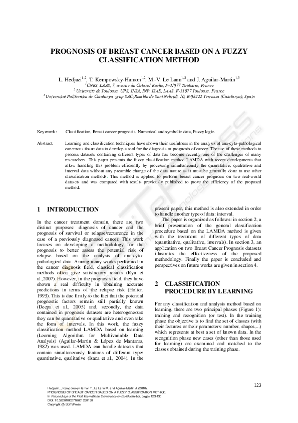 (PDF) Prognosis of Breast Cancer based on a Fuzzy Classification Method