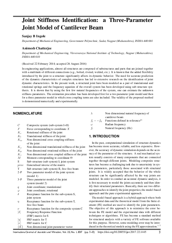 Pdf Joint Stiffness Identification A Three Parameter Joint Model Of Cantilever Beam
