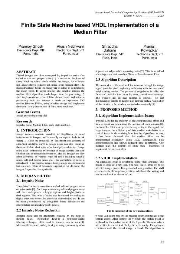 Pdf Finite State Machine Based Vhdl Implementation Of A Median Filter