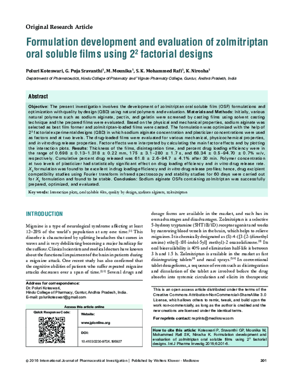 Pdf Formulation Development And Evaluation Of Zolmitriptan Oral Soluble Films Using 22