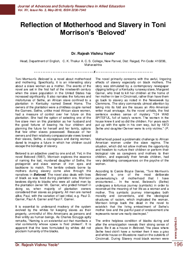 (PDF) Reflection of Motherhood and Slavery in Toni Morrison’s ‘Beloved’