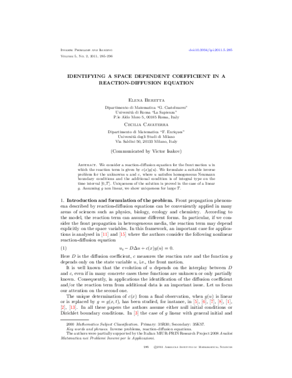 Pdf Identifying A Space Dependent Coefficient In A Reaction Diffusion Equation