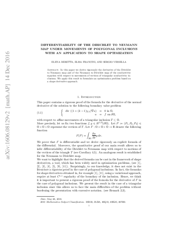 (PDF) Differentiability of the Dirichlet to Neumann Map Under Movements of Polygonal Inclusions ...