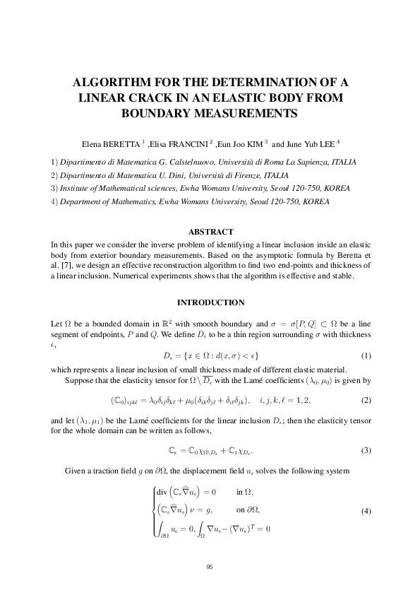 Pdf Algorithm For The Determination Of A Linear Crack In An Elastic