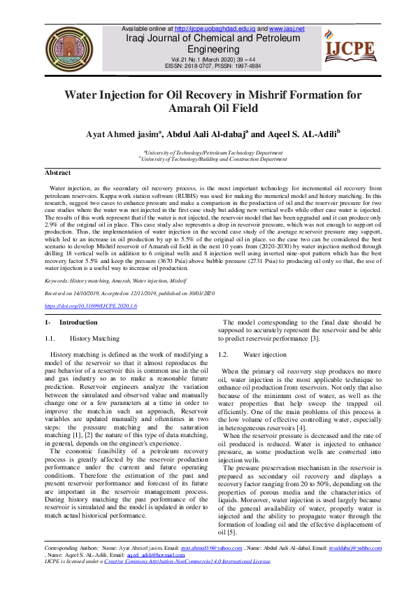 (PDF) Water Injection for Oil Recovery in Mishrif Formation for Amarah ...
