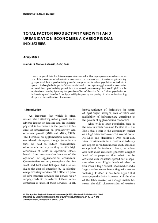 (PDF) Total Factor Productivity Growth and Urbanization Economies: A Case of Indian Industries