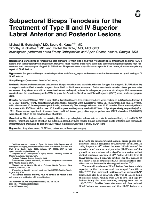 (PDF) Subpectoral biceps tenodesis for the treatment of type II and IV ...