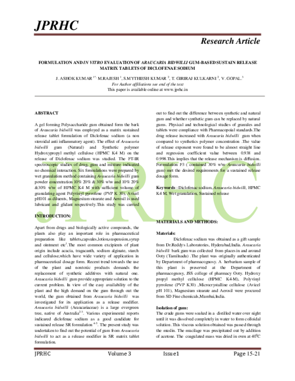 Pdf Formulation And In Vitro Evaluation Of Araucaria Bidwilli Gum Based Sustained Release