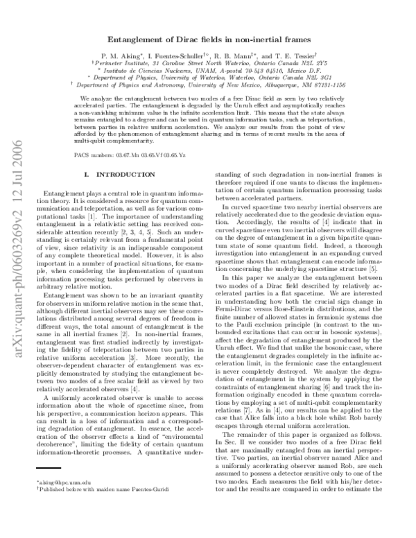 (PDF) Entanglement of Dirac fields in noninertial frames | Robert Mann - Academia.edu