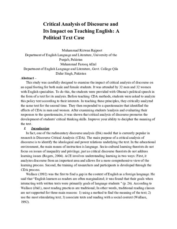 (DOC) Critical Analysis of Discourse and Its Impact on Teaching English ...