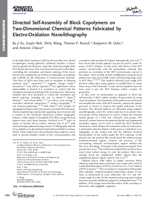 (PDF) Directed Self-Assembly of Block Copolymers on Two-Dimensional Chemical Patterns Fabricated ...
