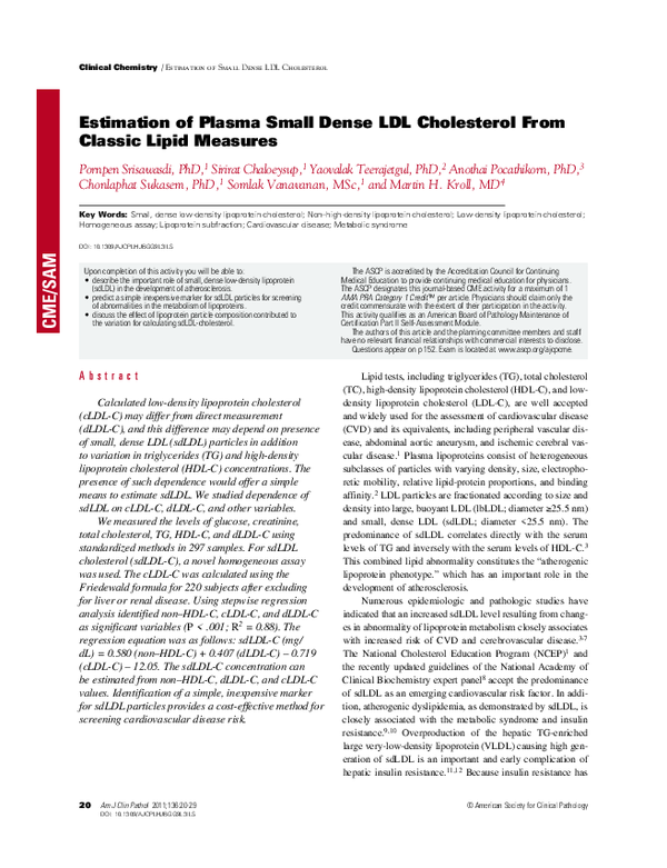 (PDF) Estimation of Plasma Small Dense LDL Cholesterol From Classic ...