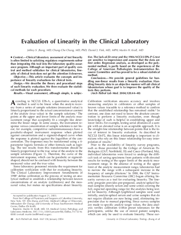 (PDF) Evaluation of linearity in the clinical laboratory