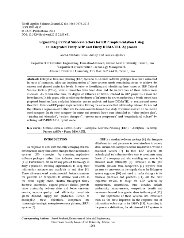 (PDF) Segmenting Critical Success Factors for ERP Implementation Using an Integrated Fuzzy AHP ...