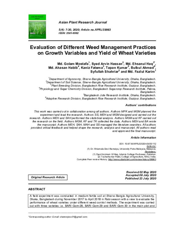 Pdf Evaluation Of Different Weed Management Practices On Growth Variables And Yield Of Wheat