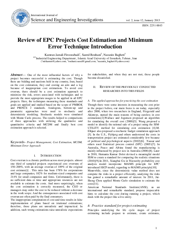 (PDF) Review of EPC Projects Cost Estimation and Minimum Error Technique Introduction