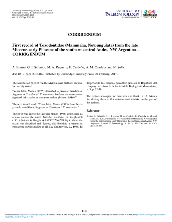 (PDF) First record of Toxodontidae (Mammalia, Notoungulata) from the ...