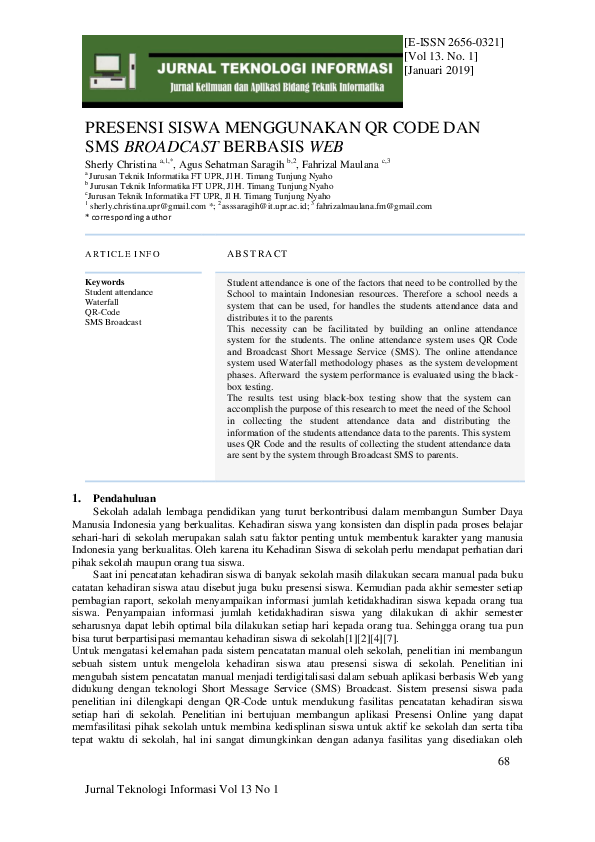 (PDF) Presensi Siswa Menggunakan QR Code Dan SMS Broadcast Berbasis Web