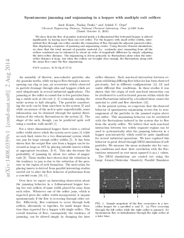 (PDF) Spontaneous jamming and unjamming in a hopper with multiple exit orifices | Amit Kunte ...