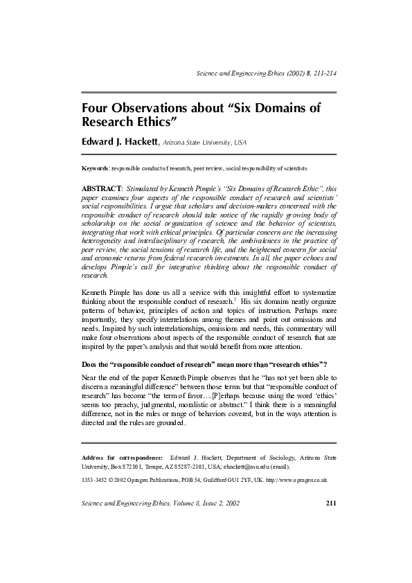 (PDF) Four observations about “six domains of research ethics”