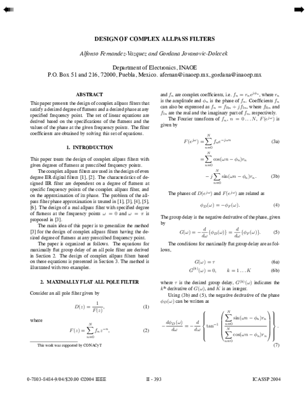 Pdf Design Of Complex Allpass Filters