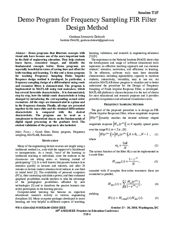 (PDF) Demo program for Frequency Sampling FIR filter design method